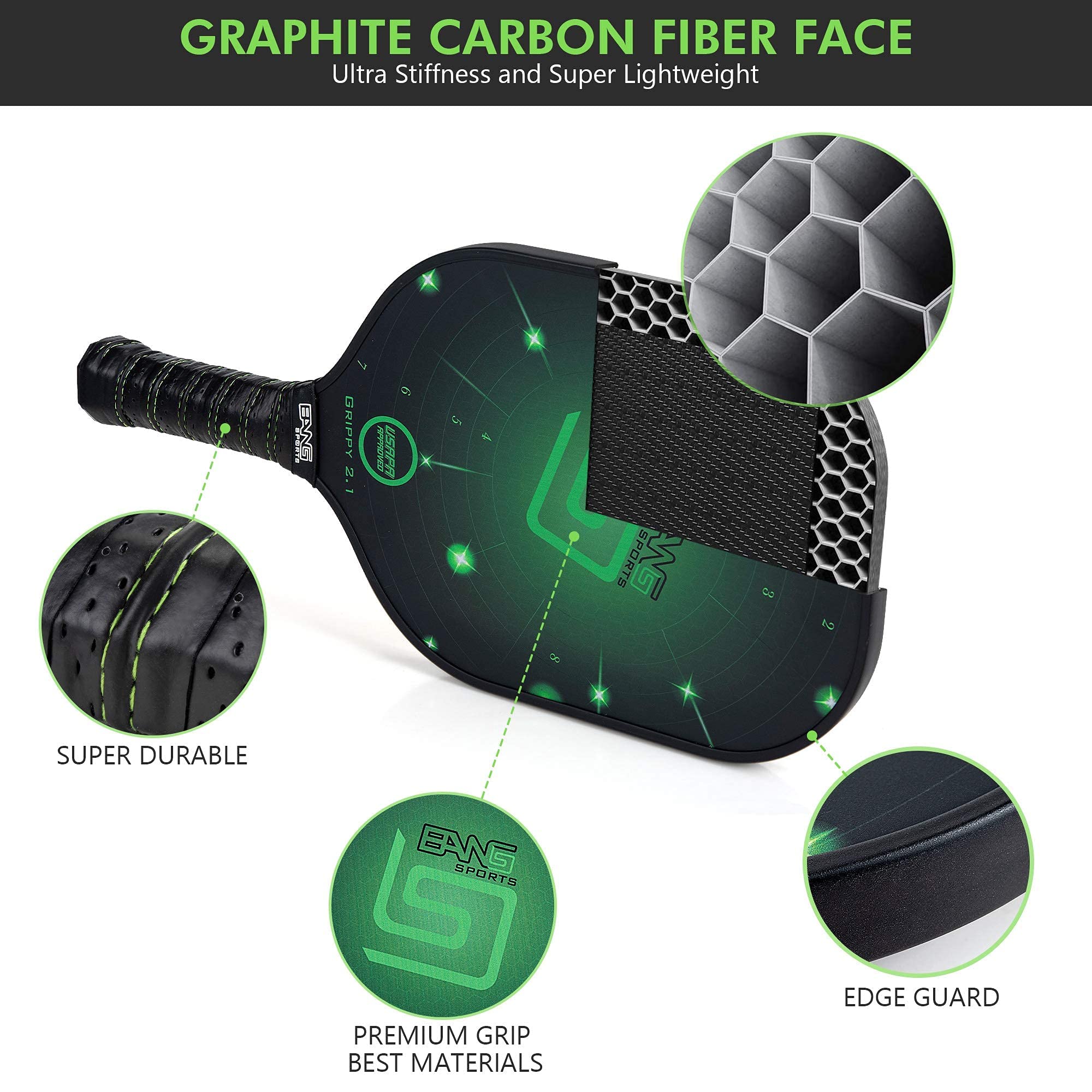 Bang Sports Pickleball Paddles Set of 2 Graphite Rackets - USAPA Approved - Best Quiet Carbon Fiber Surface - Advanced Honeycomb Polymer core - Paddles Covers - Mesh Storage Bag