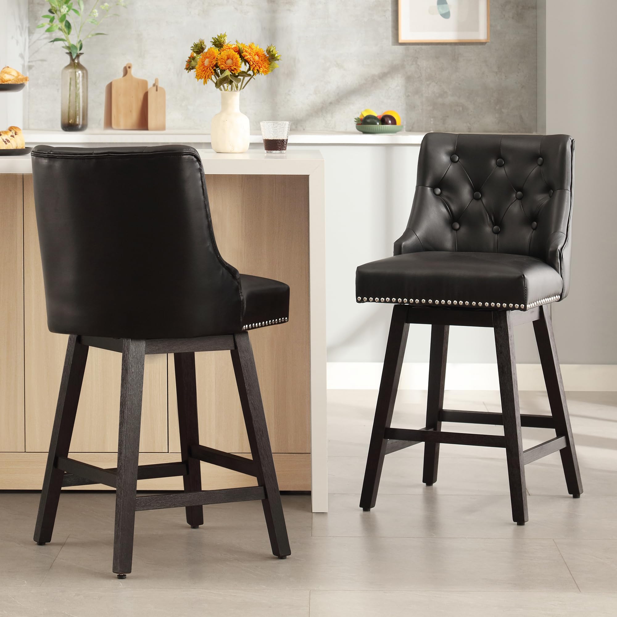 Busaurus Swivel Bar Stools Counter Height, 26" Faux Leather Upholstered Swivel Counter Stools with Back Set of 4, Modern Kitchen Island Stools with Solid Wood Legs, Black