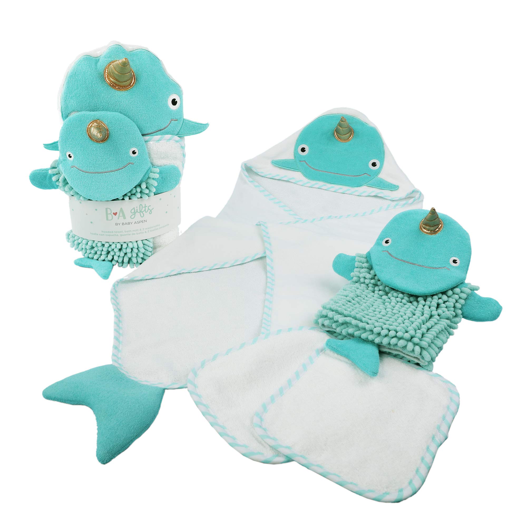 Baby Aspen Four-Piece Narwhal Bath Gift Set, Blue, One Size, BA14113NA
