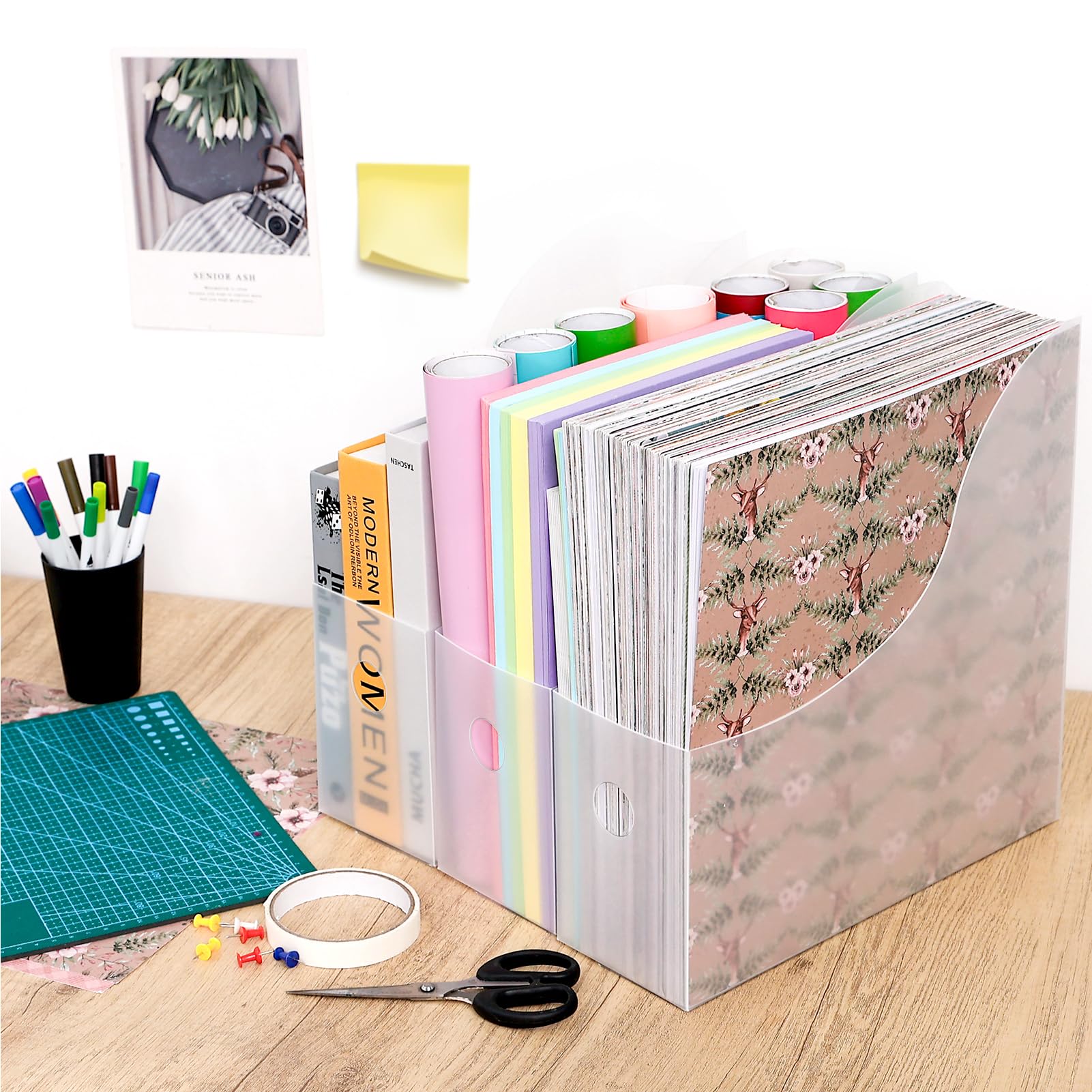 Caydo 6 Pieces Vertical Scrapbook Paper Storage Foldable Scrapbook Paper Holder with 12 Pieces Sticky Index Tabs for 12x12 Paper Storage Organizer, Files, Vinyl, Cardstock, Magazines, Documents