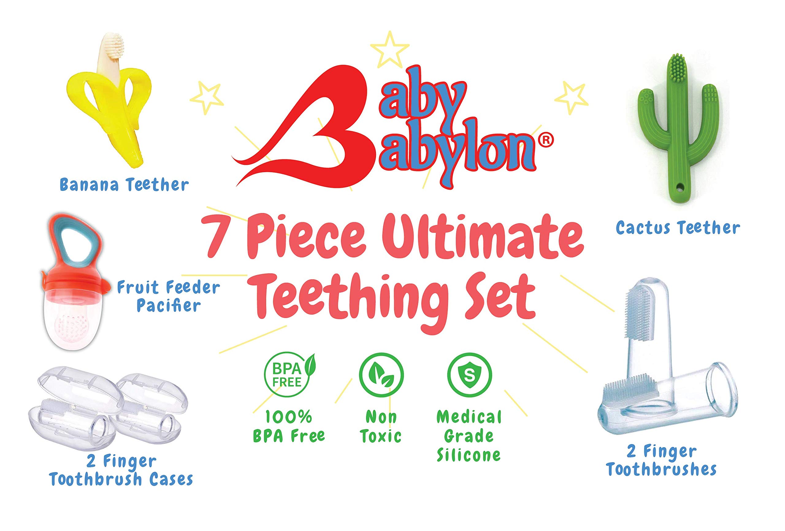Baby Babylon 7 Piece Ultimate Teething Set - Silicone Teether Toys - Baby Teething Relief Toys and Toothbrush Trainer Bundle - Baby Teething Gift Set