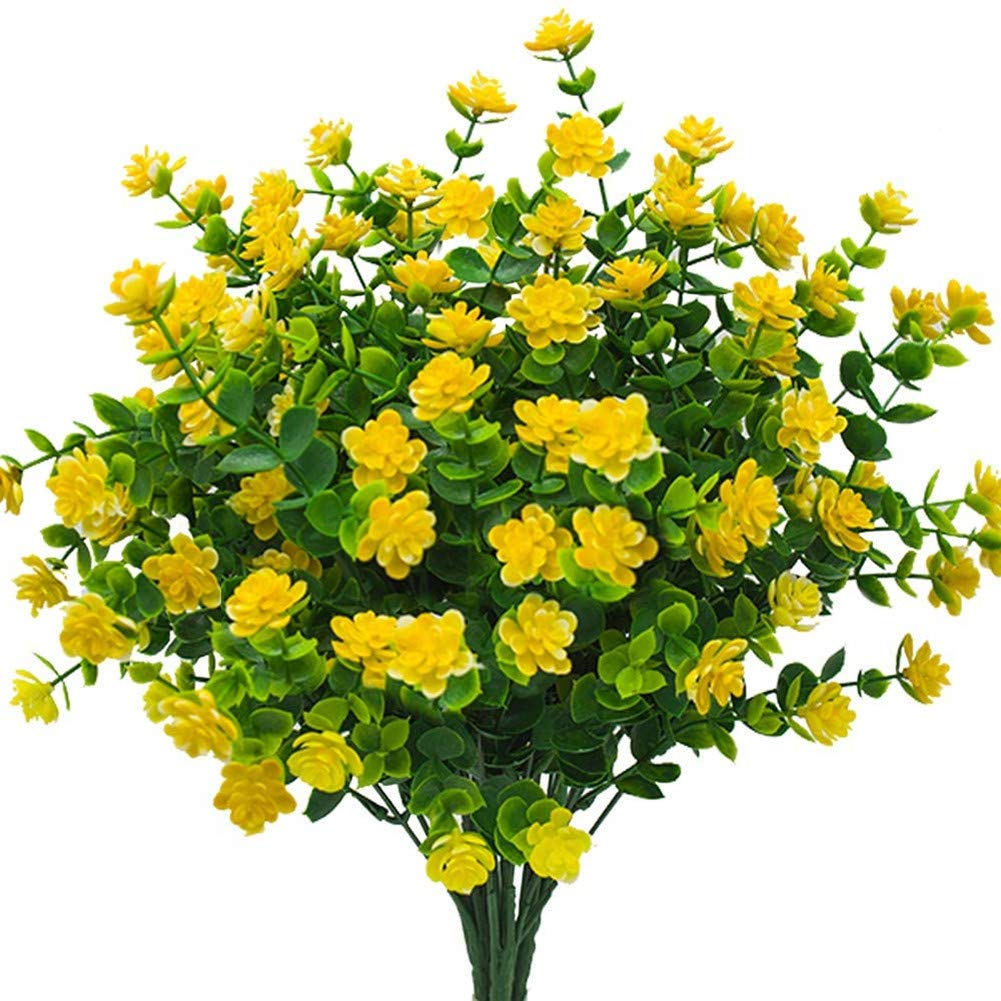 KUPOO Artificial Greenery Plants Fake Plastic Boxwood 6PCS Artificial Greenery Stems for Farmhouse Home Garden Wedding Indoor Outside Decor (Yellow)