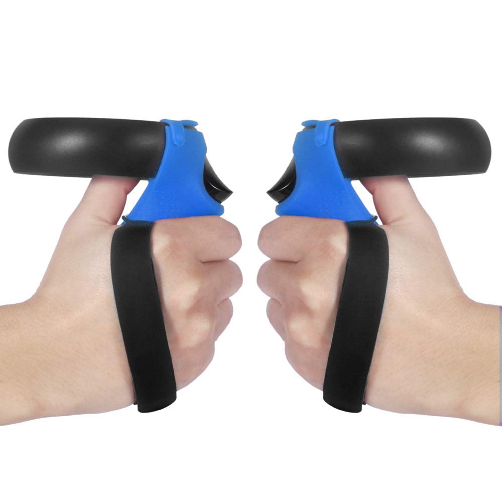 Hooshion 3 Set Handle Non-Slip Silicone Protective Case Joystick Cap Anti-Drop Leather Hand Strap for Oculus Quest/Rift S VR Headset (Blue)