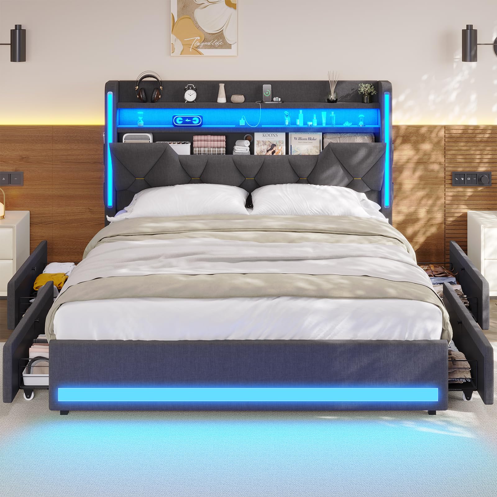 busyaeh King Bed Frame and Headboard with Storage, King Size Bed Frame with LED Lights & Charging Station, Upholstered King Bed Frame, No Noise, No Box Spring Needed, Easy Assembly