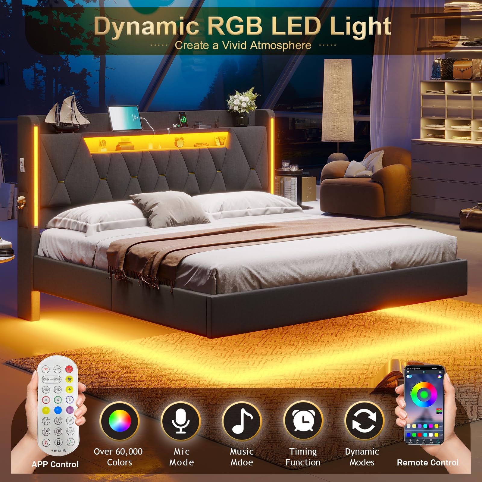 busyaeh King Floating Bed Frame with Hidden Storage Space and Charging Station, RGB Light Fabric Platform Bed with LED Light, No Box Spring Needed, Dark Gray
