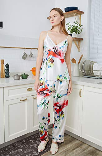 Escalier Womens 5pcs Silk Satin Pajama Set Floral Cami Pjs Sleepwear Button Down Pj Sets Loungewear White