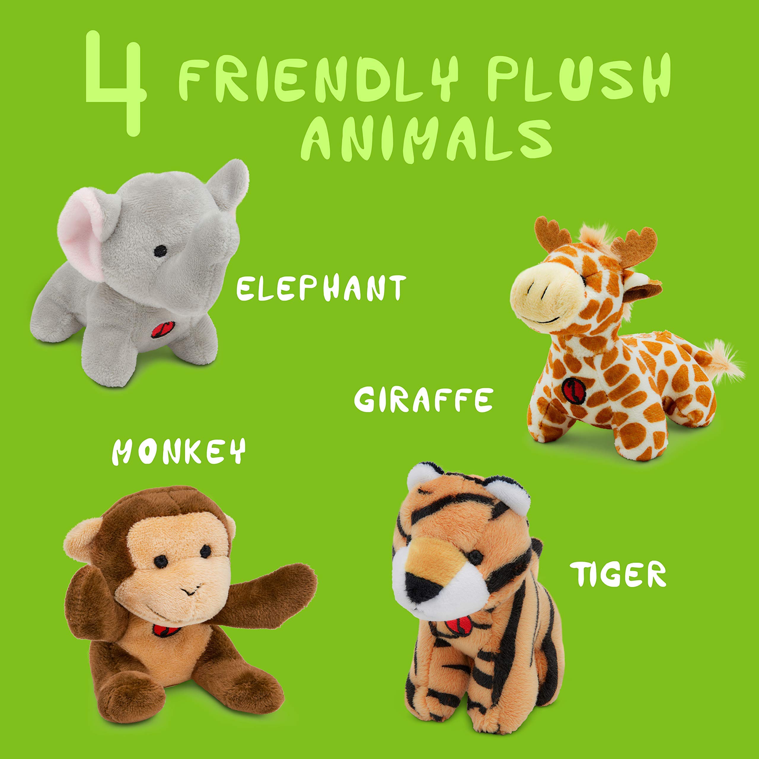 Hoovy Plush Jungle Animals Toy Set (5 Pcs) with Carrier for Kids|Stuffed Monkey, Giraffe, Tiger & Elephant|Great for Boys & Girls