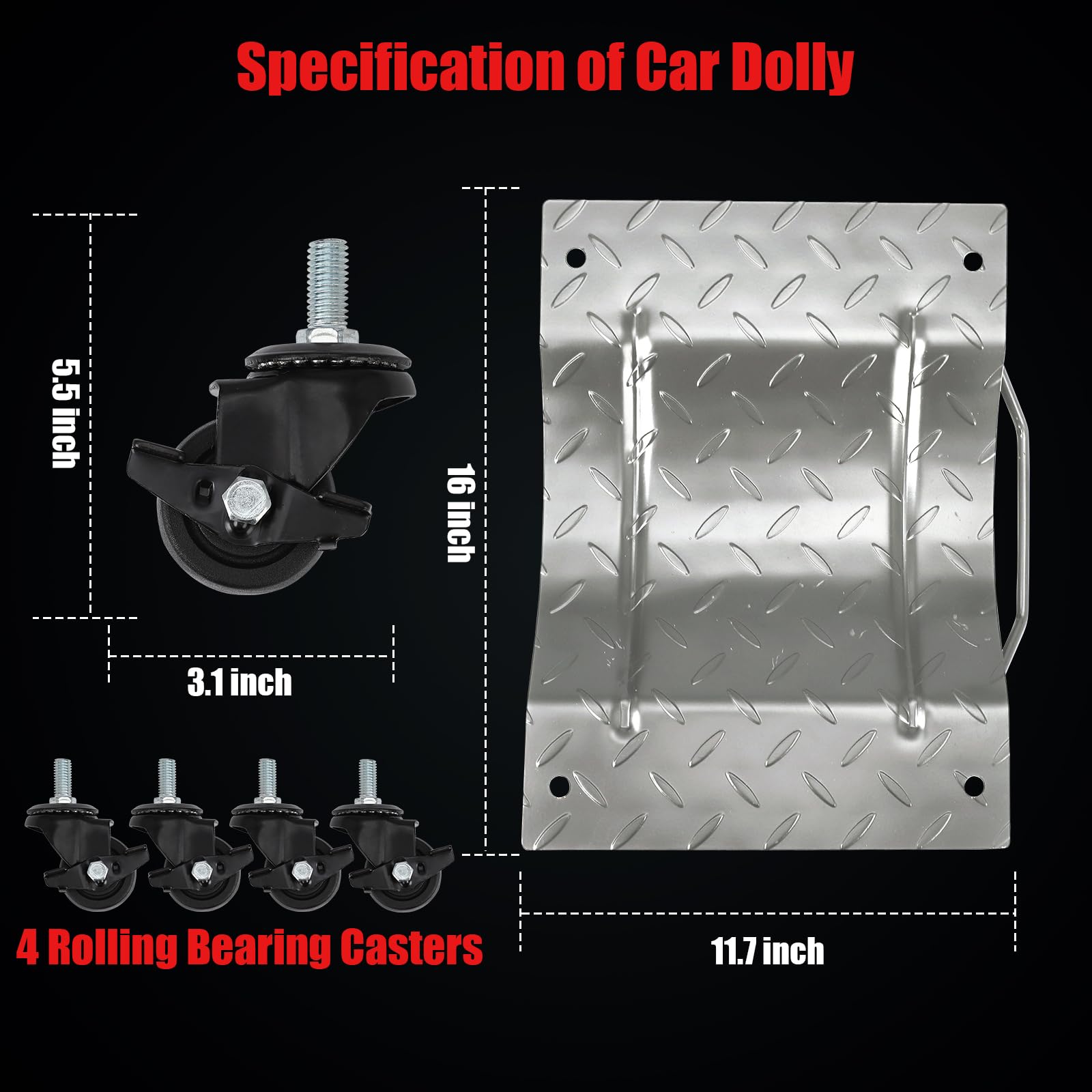 Wheel Dolly Set of 4 Pack, 6000 lbs Steel Heavy Duty Wheel Dolly Car Stake with Brakes, 4 Tire Car Dolly, Silver
