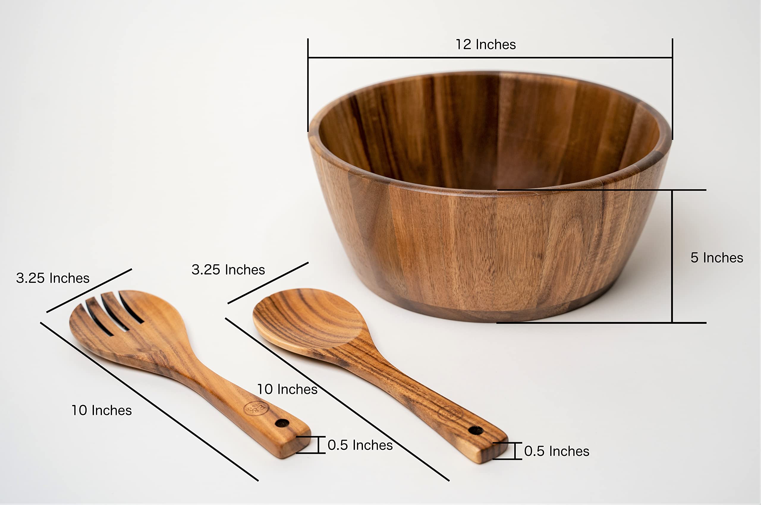 E&WES CO Large Solid Wood Salad Bowl Set 12-Inch Diameter With Wooden Utensils Spoon And Fork - Bowls Great For Mixing