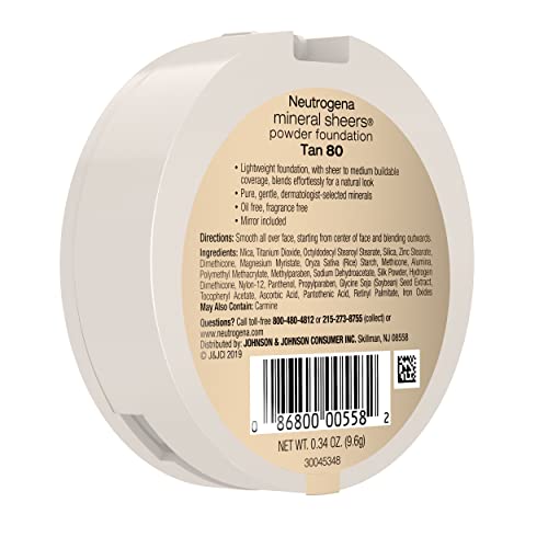 Neutrogena Mineral Sheers Compact Powder Foundation, Lightweight & Oil-Free Mineral Foundation, Fragrance-Free, Tan 80,.34 oz (Pack of 2)