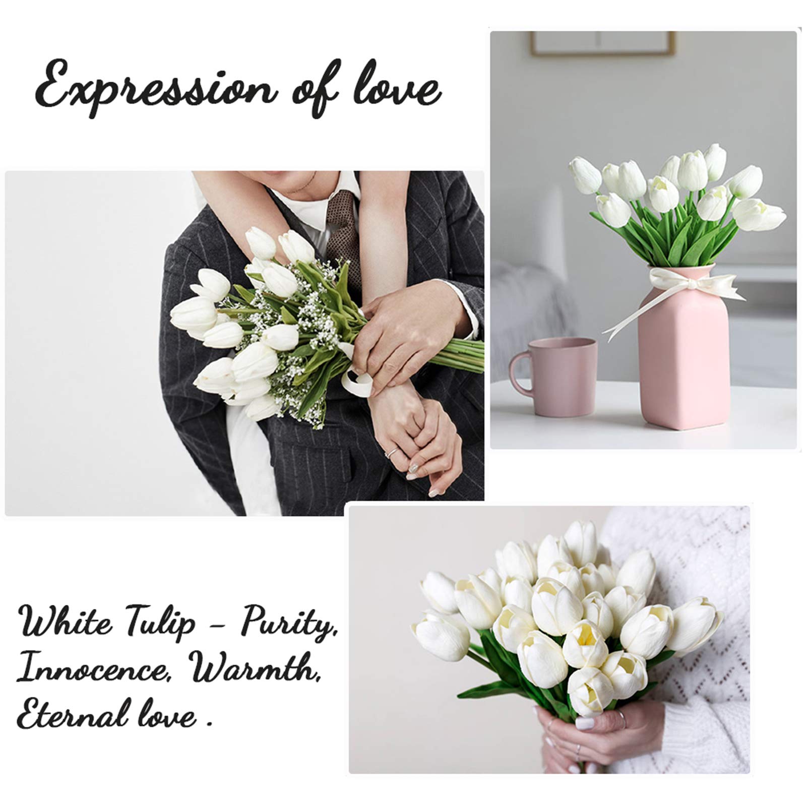 KOILLUXU Artificial Flowers 30pcs Bouquet 14" Tall Real Touch Tulips, White PU Fake Tulips Flowers for Arrangement Wedding Party or Easter Spring Home Centerpiece Dining Room Office Table Decoration