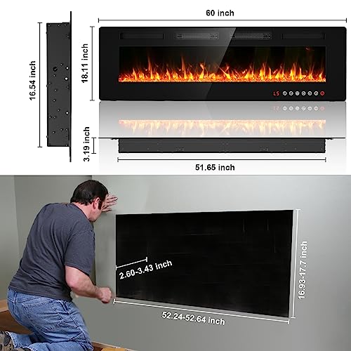 BREEZEHEAT 60inch Electric Fireplace Recessed Wall Mounted-Ultra Thin Fireplace Heater for Living Room/Bedroom with 2 Heat Vents, Remote Control, Touch Screen, Adjustable Flame, 8H Timer, 750w/1500w