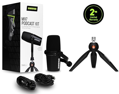 Shure MV7 USB Microphone with Tripod, for Podcasting, Recording, Streaming & Gaming, Built-in Headphone Output, All Metal USB/XLR Dynamic Mic, Voice-Isolating Technology, TeamSpeak Certified - Black