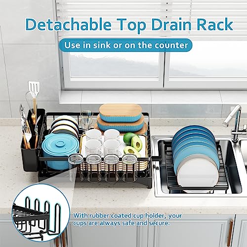 Dish Drying Rack Large Dish Rack, 2 Tier Dish Racks for Kitchen Counter, Extra Roll-Up Kitchen Sink Drying Rack, Rustproof Stainless Steel Dish Drainer with Drainboard Set Utensil Holder Cup Rack