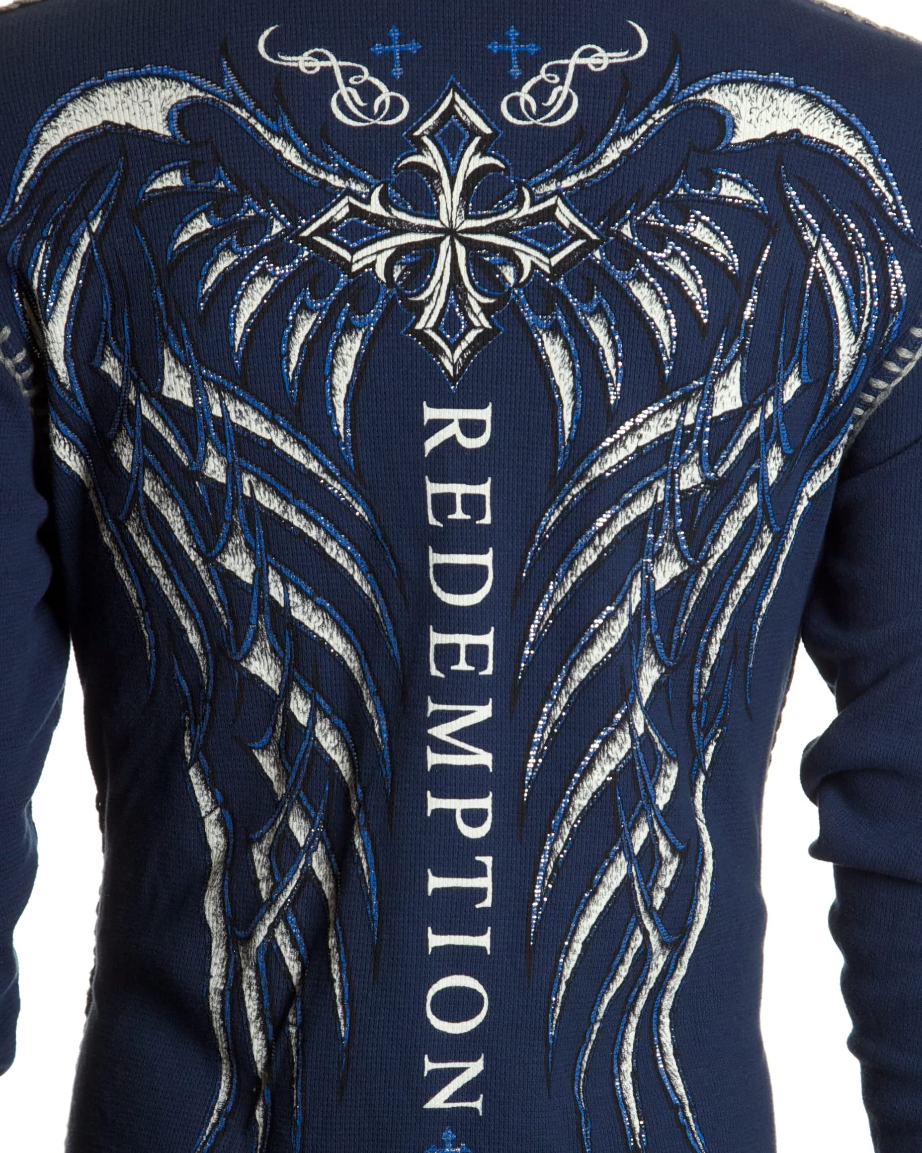 Archaic by Affliction Men's Thermal Shirt Spine Wings Navy M