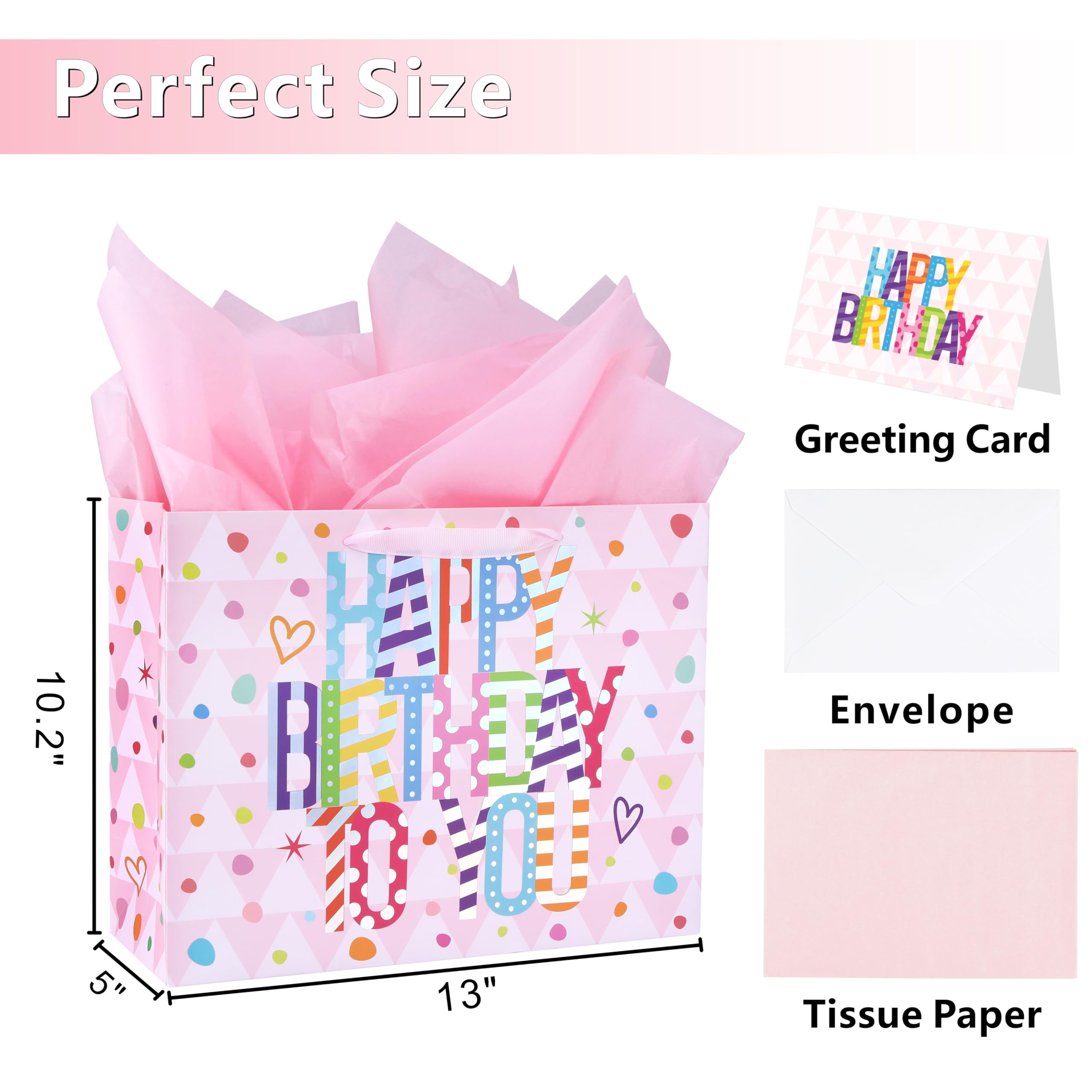 Bobobag 13" Large Gift Bag with Tissue Paper and Greeting Card ,Happy Birthday gift bags for Girls