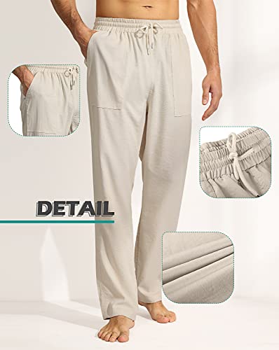 Ficerd 2 Pcs Men's Drawstring Linen Pants Men Casual Beach Trousers with Pocket Lightweight Elastic Yoga Pant (Black, Khaki, Large)