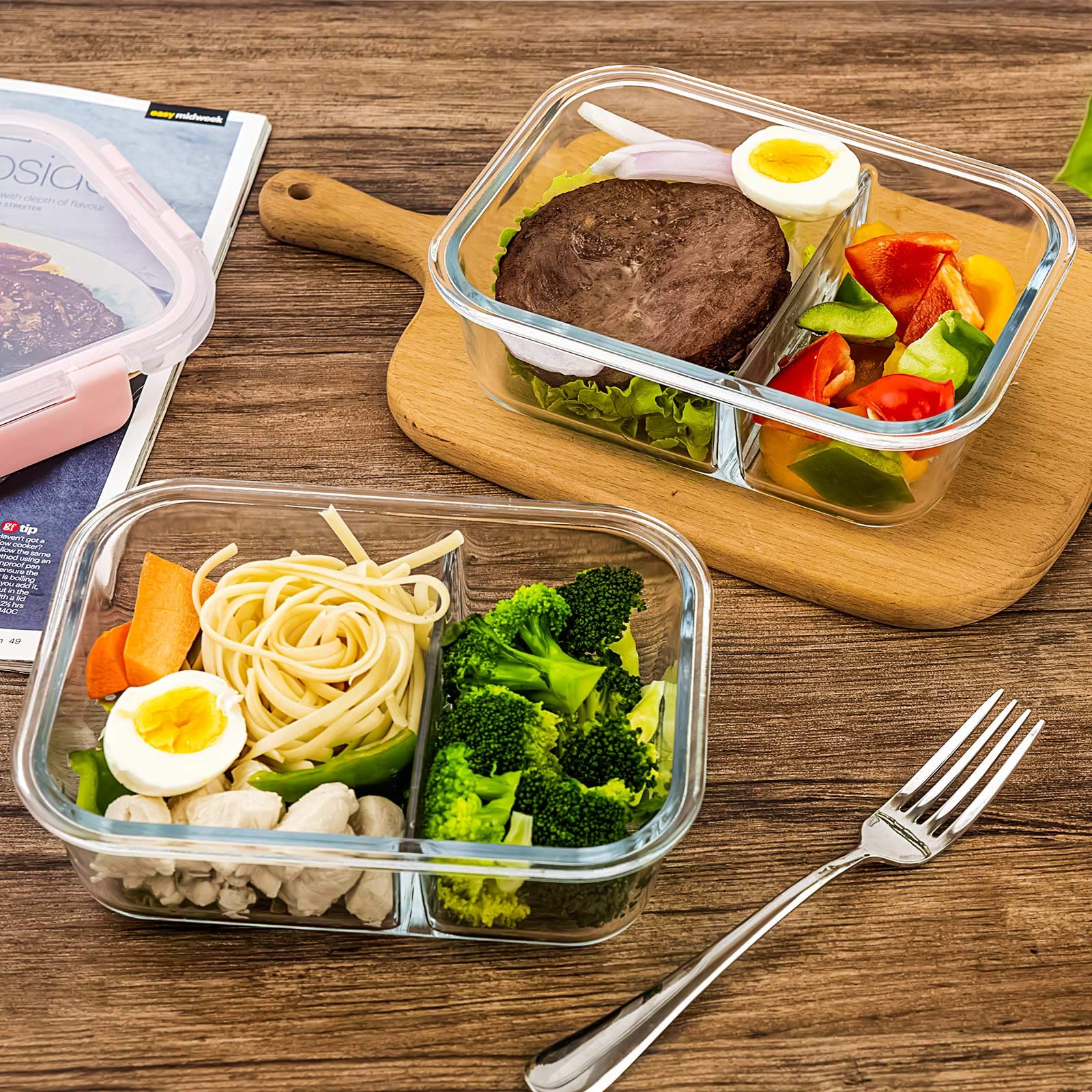 C CREST Glass Meal Prep Containers 2 Compartment Set, 5-Pack, 34oz, Glass Bento Boxes for Adults, Divided Glass Lunch Containers with Lids