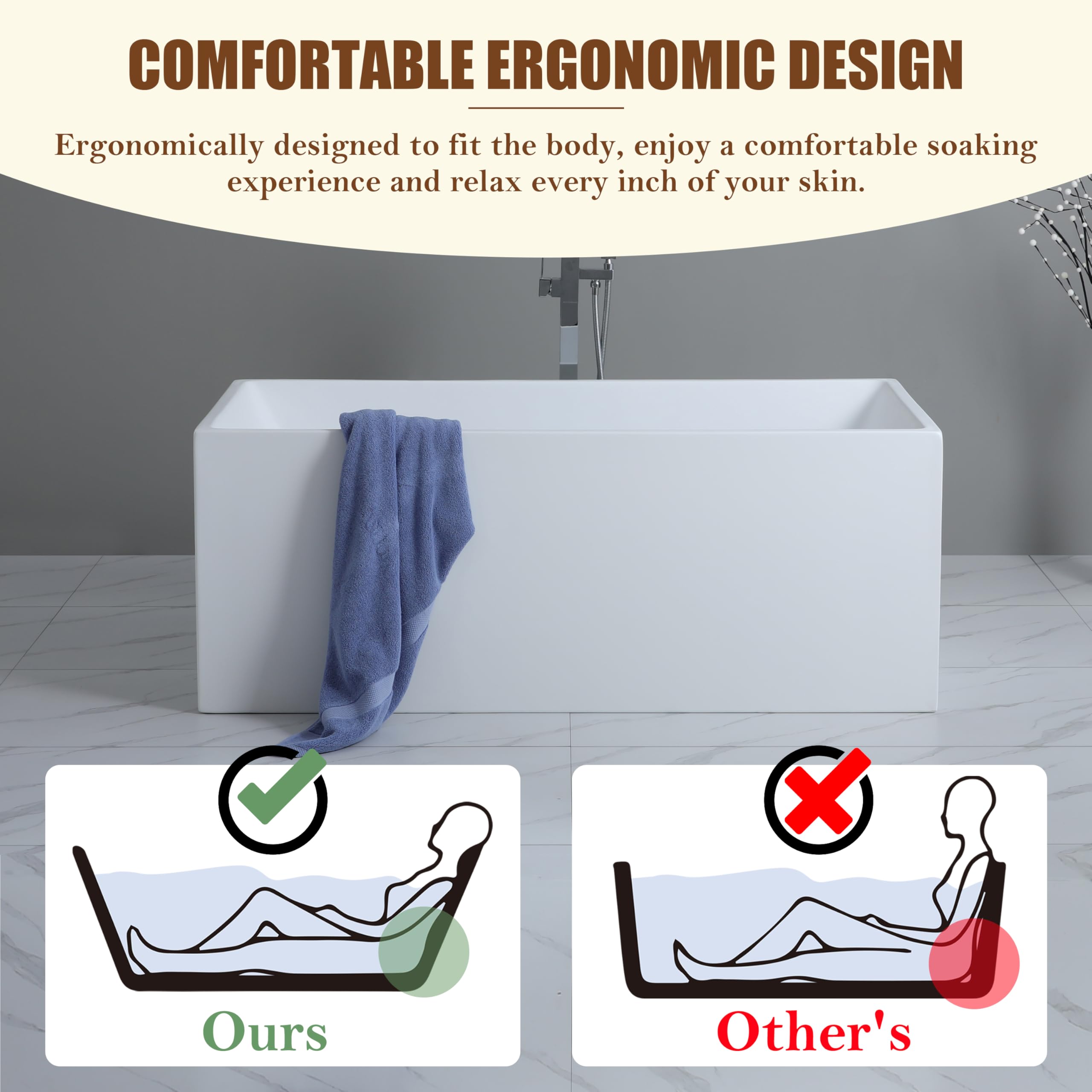CBDOIT 55" x 29" Freestanding Bathtub, Acrylic Modern Soaking Spa Tub, Stand Alone & Back to Wall or Alcove Corner Ractangular White/Black Tub with Overflow & Pop-up Drain (Black)