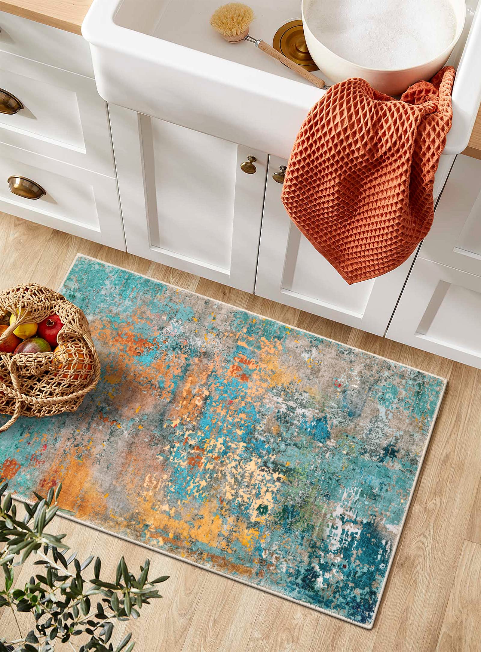 Morebes Abstract 2x3 Washable Kitchen Rug, Modern Small Bath Rug Non-Slip Colorful Soft Indoor Floor Mats for Entryway, Contemporary Throw Carpet for Bathroom Bedroom Laundry Dorm
