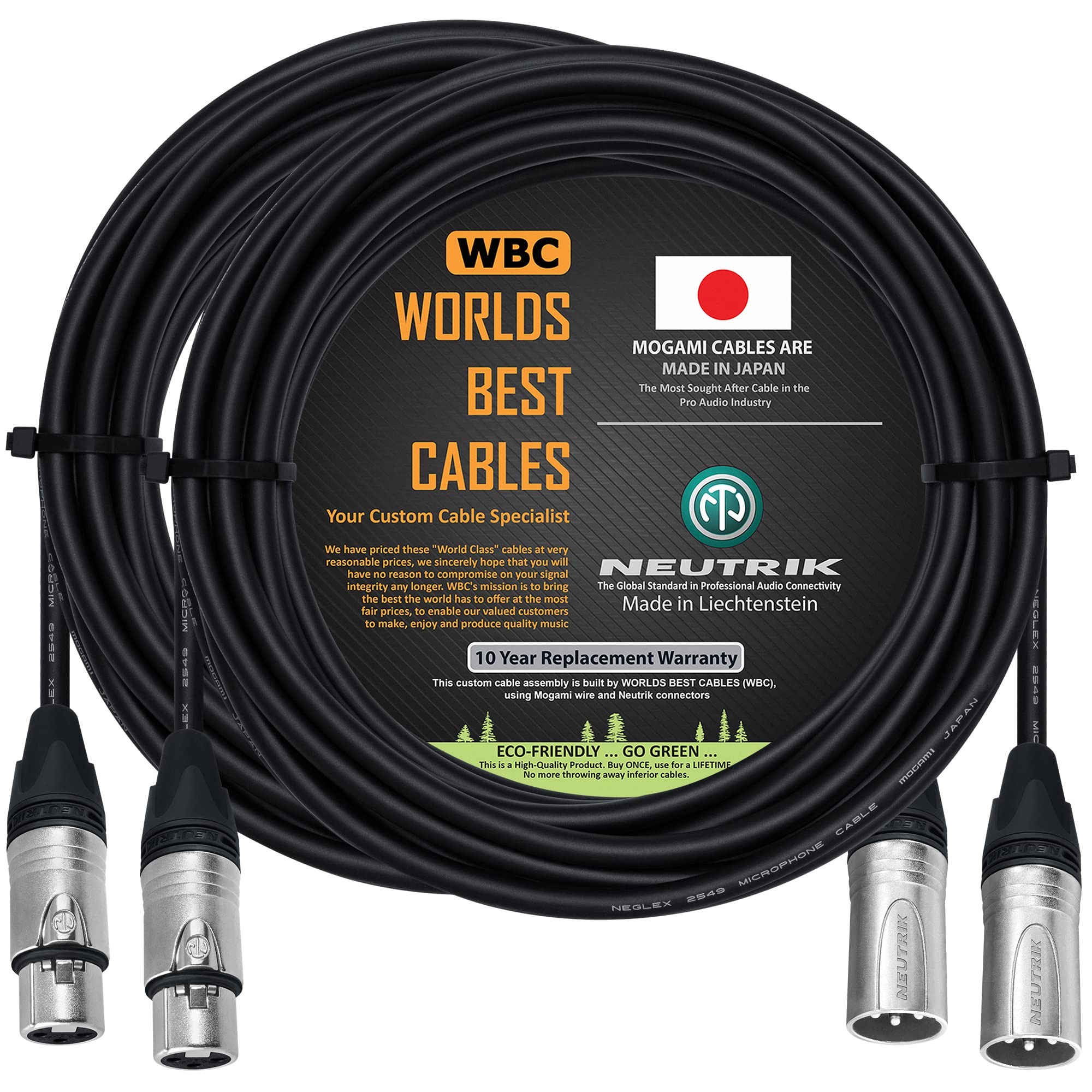 WORLDS BEST CABLES 2 Units - 50 Foot - Balanced Microphone Cable Custom Made Using Mogami 2549 (Black) Wire and Neutrik NC3MXX & NC3FXX Silver XLR Plugs