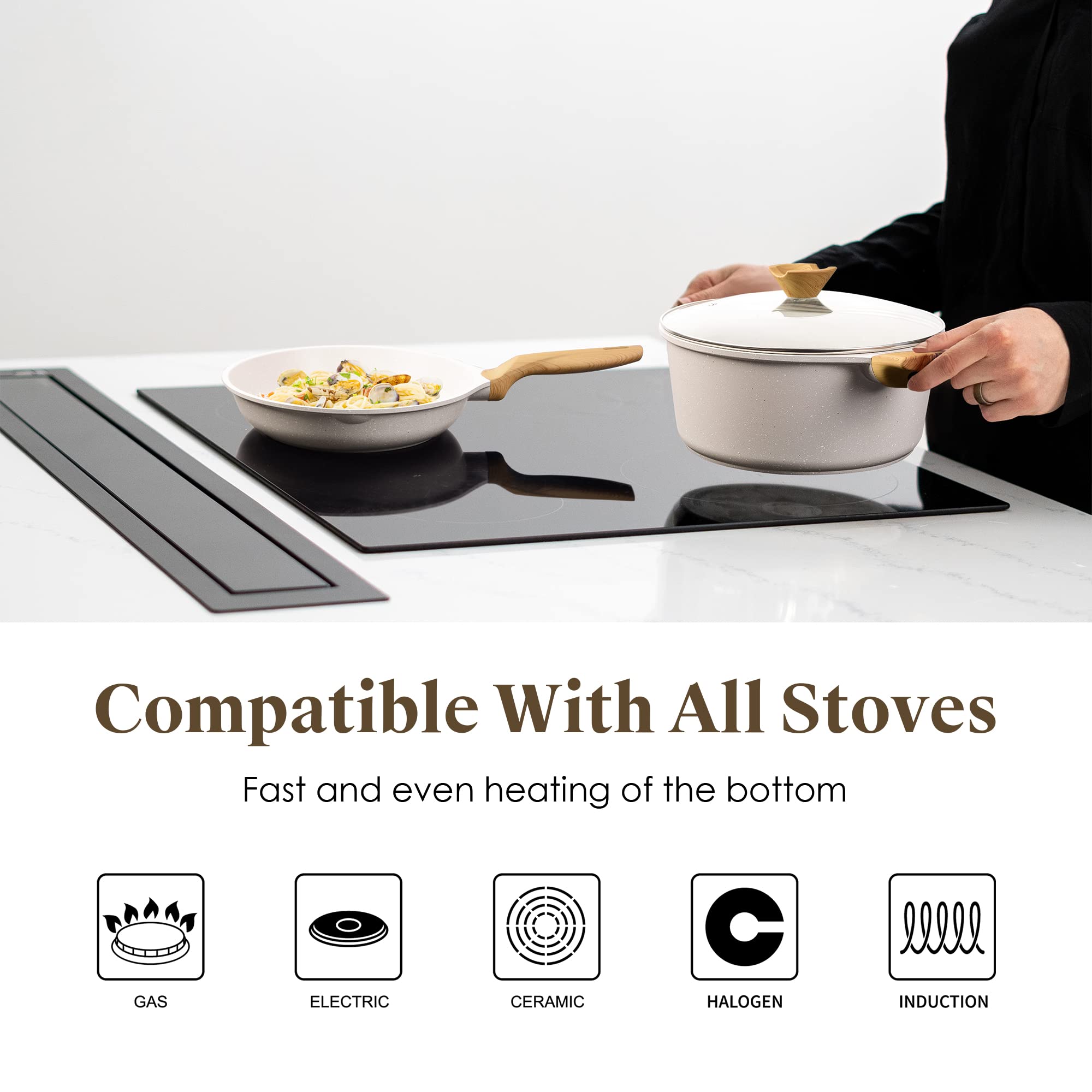 Caannasweis Nonstick Pots and Pans Set, Beige Granite Induction Kitchen Cookware Sets, 14 Pieces Non Stick Cooking Set, Large Capacity Saute Pan, PFOA Free