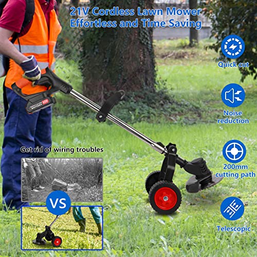 Cordless Electric Lawn Mower 21V 2000mAh Batteries Powered Trimmer Rechargeable 3 in 1 D-Shaped Handle with 2 Wheel Electric Lawn Mower (Black)