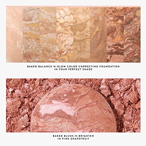 Blush-n-Glow Kit (3 PC): LAURA GELLER NEW YORK Baked Balance-N-Glow Illuminating CC Powder Foundation Golden Medium, Retractable Kabuki Brush, Baked Blush-N-Brighten Pink Grapefruit