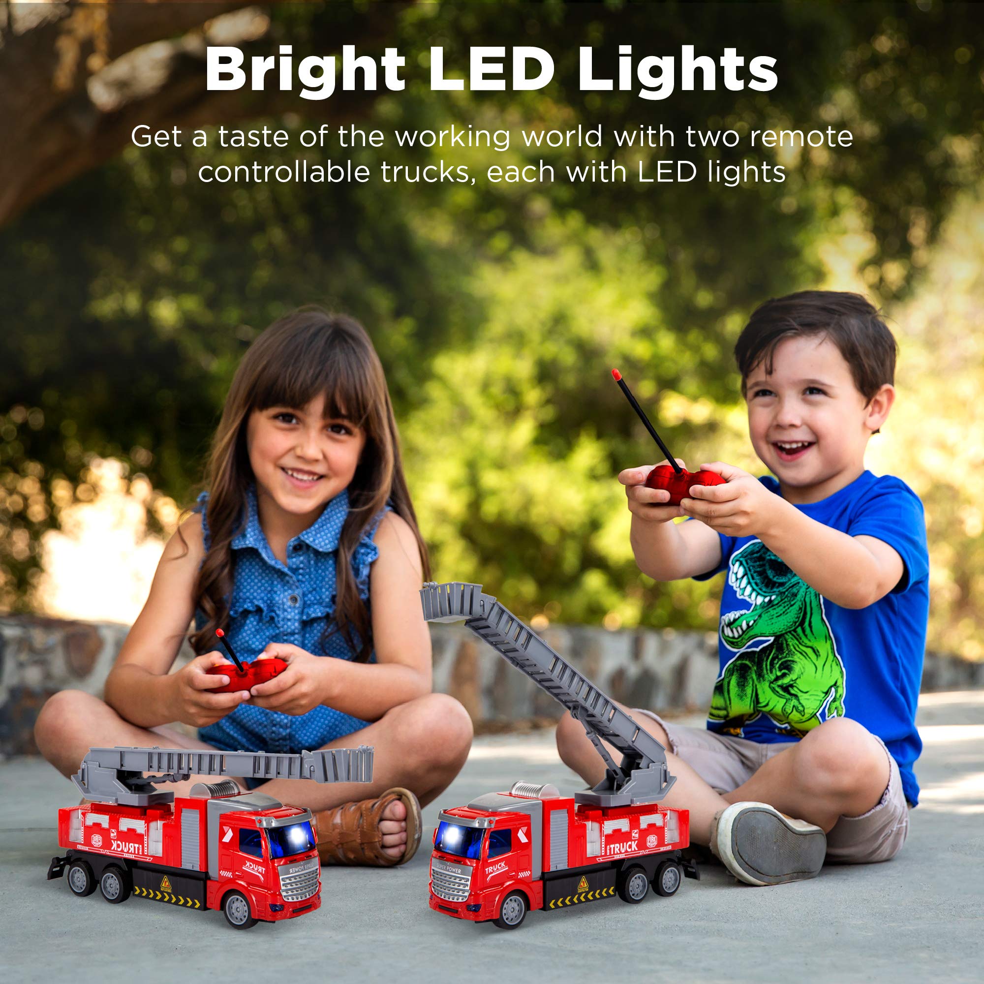 Best Choice Products 2-Pack Remote Control Fire Truck Toy RC Cars with LED Lights, 2 Controllers for Kids & Boys