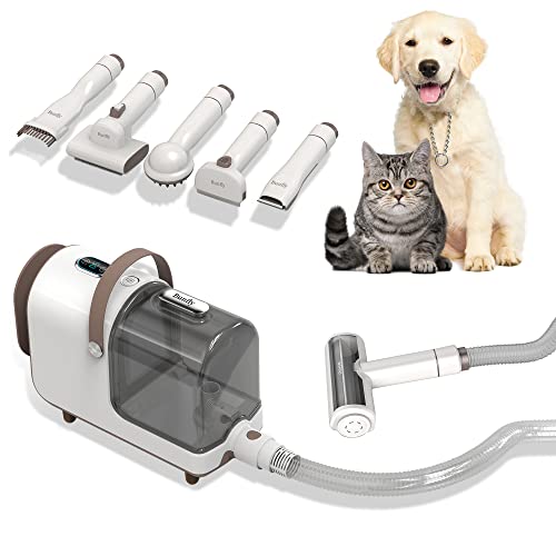 Bunfly Pet Clipper Grooming Kit & Vacuum Suction 99% Pet Hair, 7 Pet Grooming Tools, 3L Large Capacity Easy Clean Dust Cup for Pet Hair, Home Cleaning(Brown)