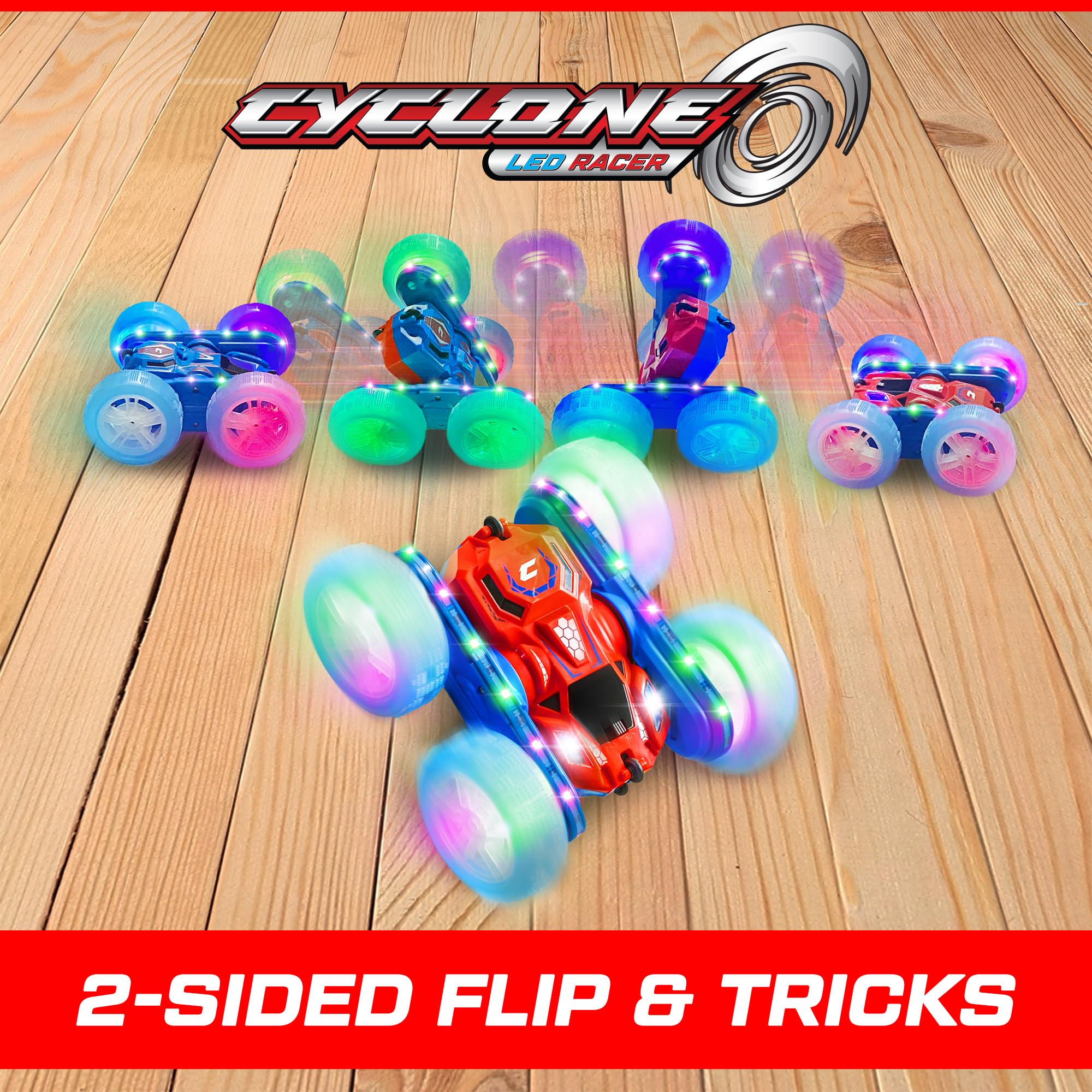 Force1 Cyclone LED Remote Control Car for Kids - Double Sided Fast RC Car with Bright LED Tires, Off-Road Crawler RC Stunt Car 360 Flips, Spins, Drifts; 2.4GHz Remote Control, 2 Rechargeable Batteries