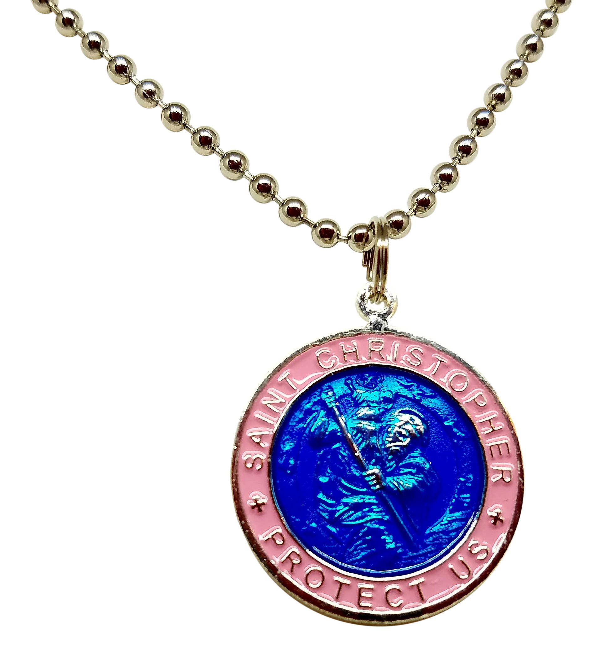 Baja Billys Ocean Creations St. Christopher Surf Necklace, Large Pendant, Royal Blue with Pink Rim, 23 Inch Ball Chain