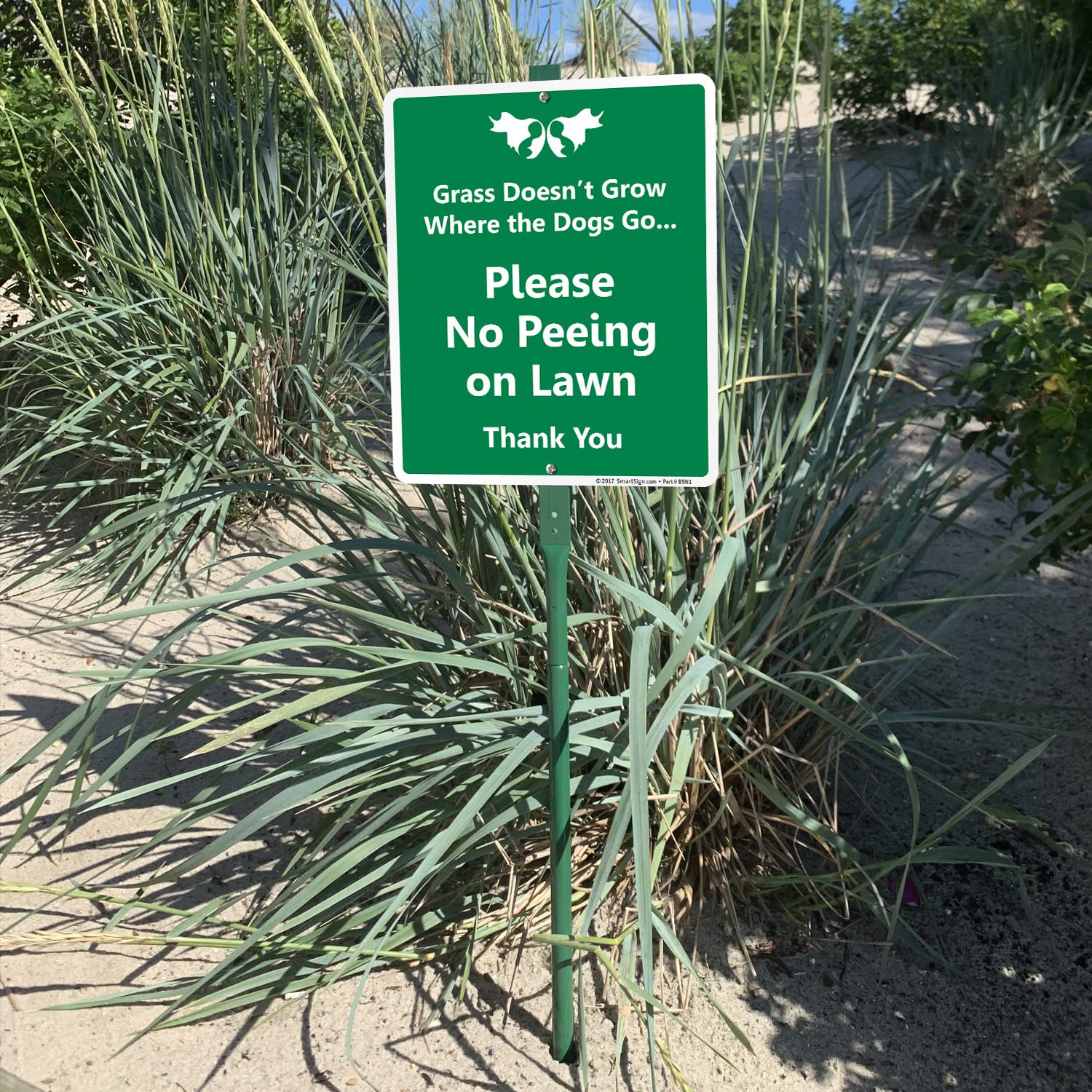 SmartSign 12 x 10 inch “Grass Doesn't Grow Where The Dogs Go - Please No Peeing On Lawn” LawnBoss Yard Sign with 3 foot Stake, 40 mil Laminated Rustproof Aluminum, White and Green, Set of 1, USA-Made