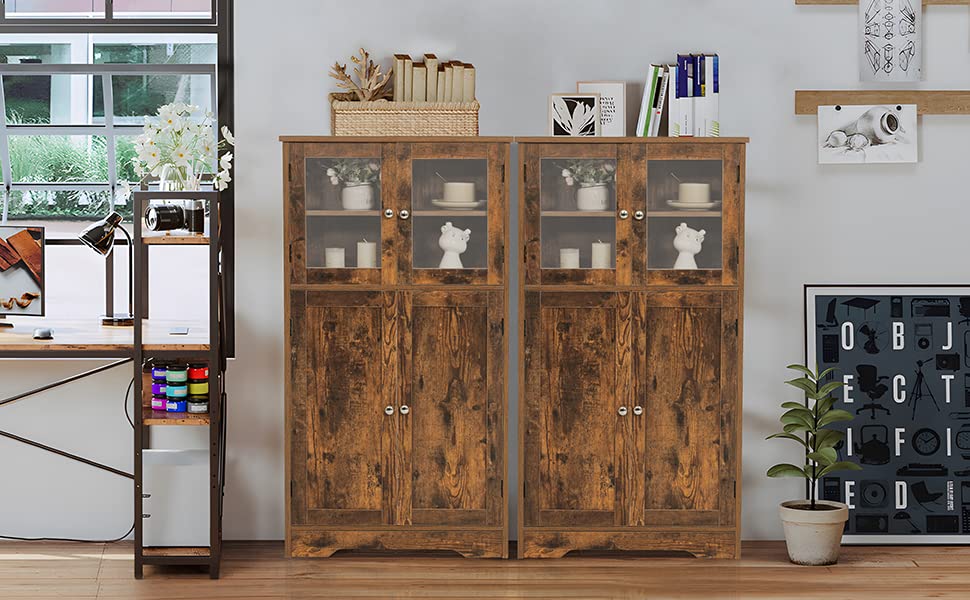 Iwell Storage Cabinet, Bathroom Cabinet with 4 Doors and Adjustable Shelf, Floor Cabinet for Living Room, Bedroom, Home Office, Rustic Brown