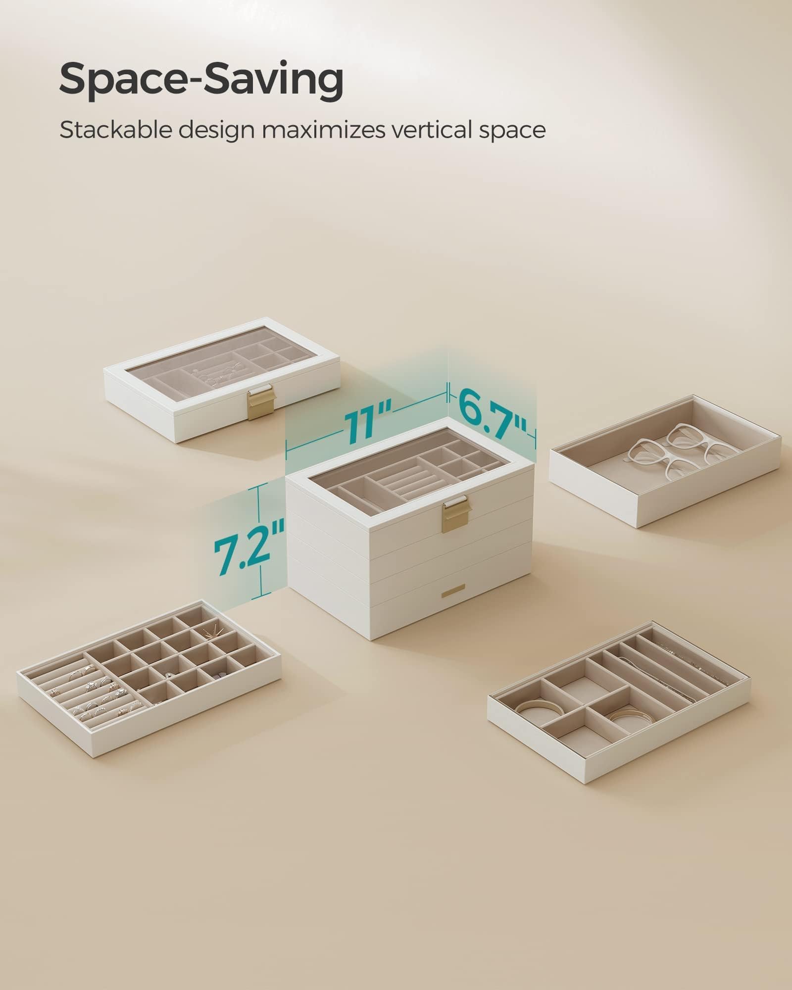 SONGMICS Stackable Jewelry Trays, 4-Tier Jewelry Box, Drawer Jewelry Organizer, with Glass Lid, Removable Dividers, for Vanity Table, 6.7 x 11 x 7.2 Inches, Christmas Gift, Cloud White UJBC164W01