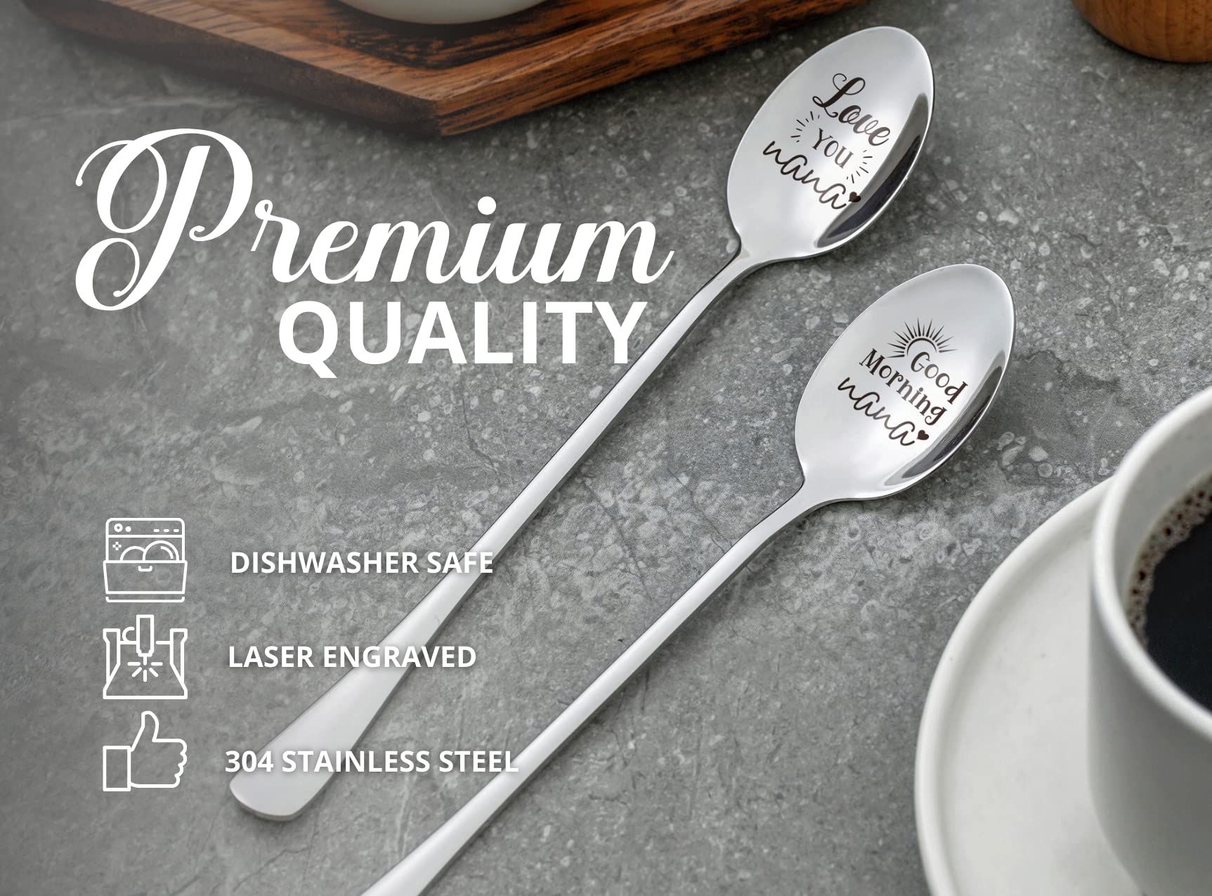 Nana Gifts, Nana Spoon, 2 Pcs Stainless Steel Engraved Coffee Spoons, Good Morning Nana