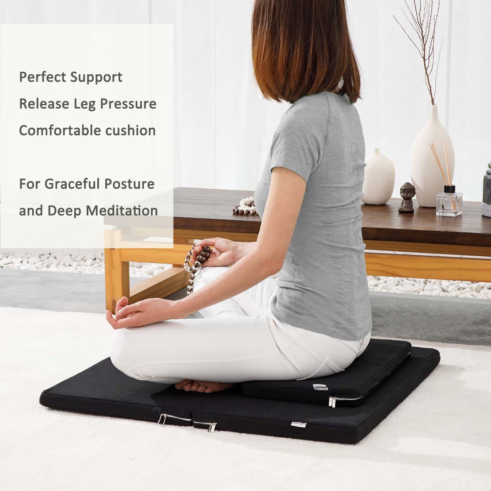BEENSPIN Meditation Cushion Set, Folding Meditation Mat, Zafu & Zabuton(28 x28 ), Supportive Meditation Pillow. Handcrafted Black