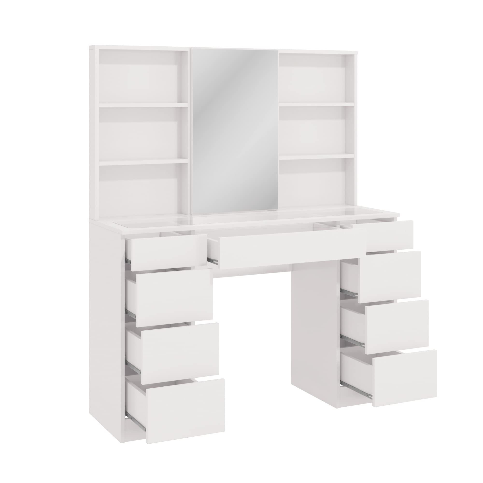Boahaus Lily White Makeup Vanity Desk with Mirror Cabinets, Glass Top, 9 Drawers, and Crystal Ball Knobs - Modern Makeup Desk - Big Vanity - Large