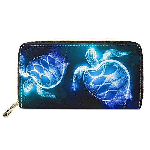 KUILIUPET Women Girls Long Clutch Blue Wallet White Lights Turtles Printed PU Leather Travel Purse Card Holder