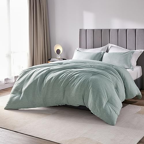 CozyLux Queen Size Comforter Set - 3 Pieces Sage Green Soft Luxury Cationic Dyeing Bedding Comforter for All Season, Breathable Lightweight Fluffy Boho Bed Sets with 1 Comforter and 2 Pillow Shams