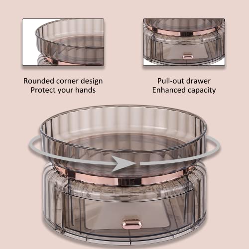 Cq acrylic 360 Rotating Makeup Organizer for Vanity,Bathroom Countertop Organizer Spinning Organizer with Drawer,Large Capacity Cosmetics Storage Box Skin Care Organizers for Bedroom Vanity Desk,Grey