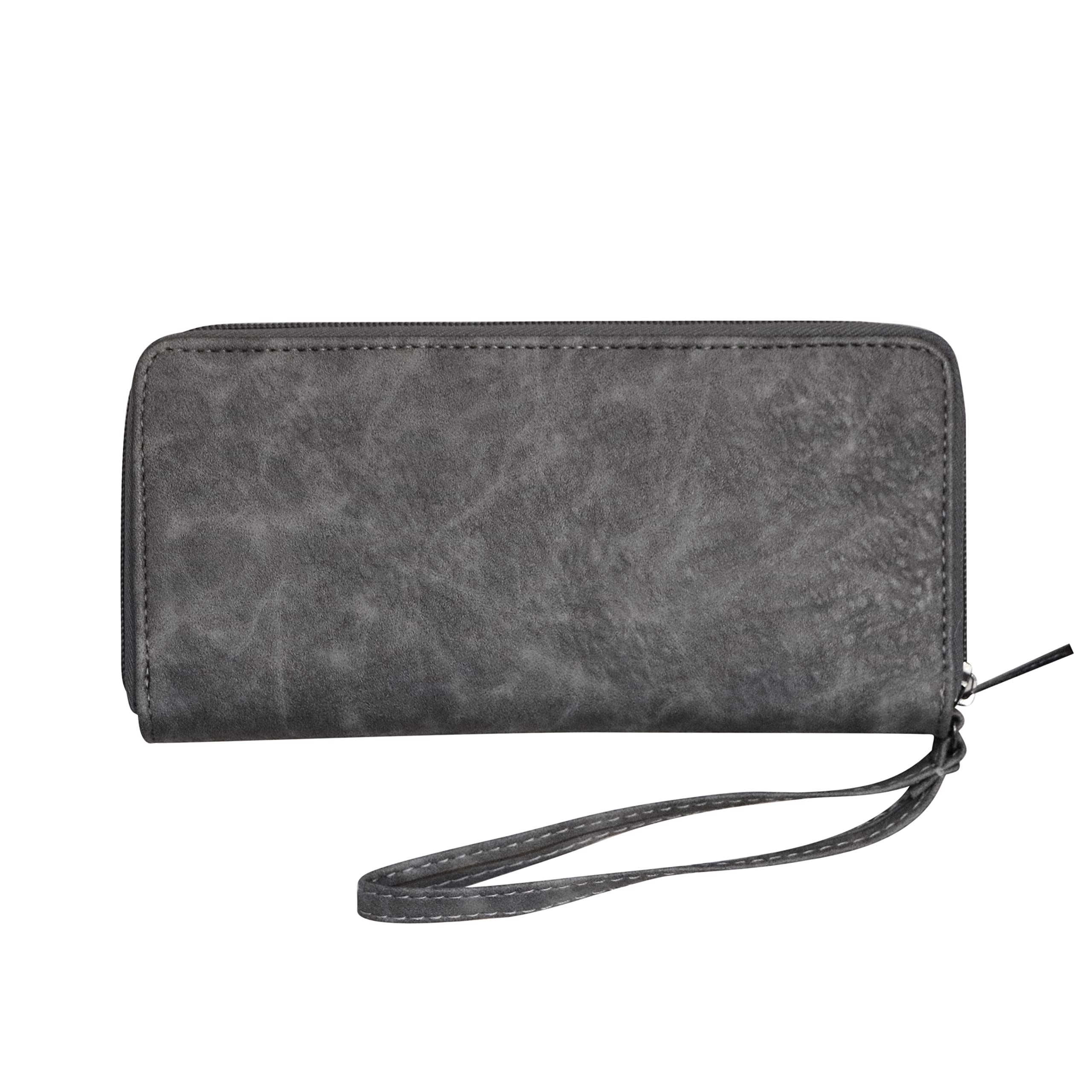 Ladies PU Vegan Leather Clutch long Wallet, Zipper around Wristlet Phone Purse Card Holder Organizer, grey (A21001w)