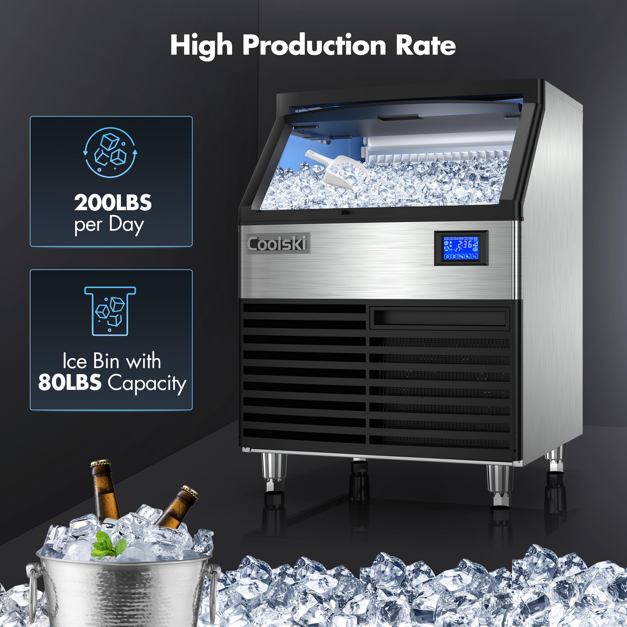 Coolski Commercial Ice Maker Machine 200LBS/24H, 26ββ Under Counter Ice Machine with 80LBS Storage Capacity, Stainless Steel Ice Maker for Restaurant/Bar/Home, Air Cooled/Clear Ice Cubes/ETL Approved