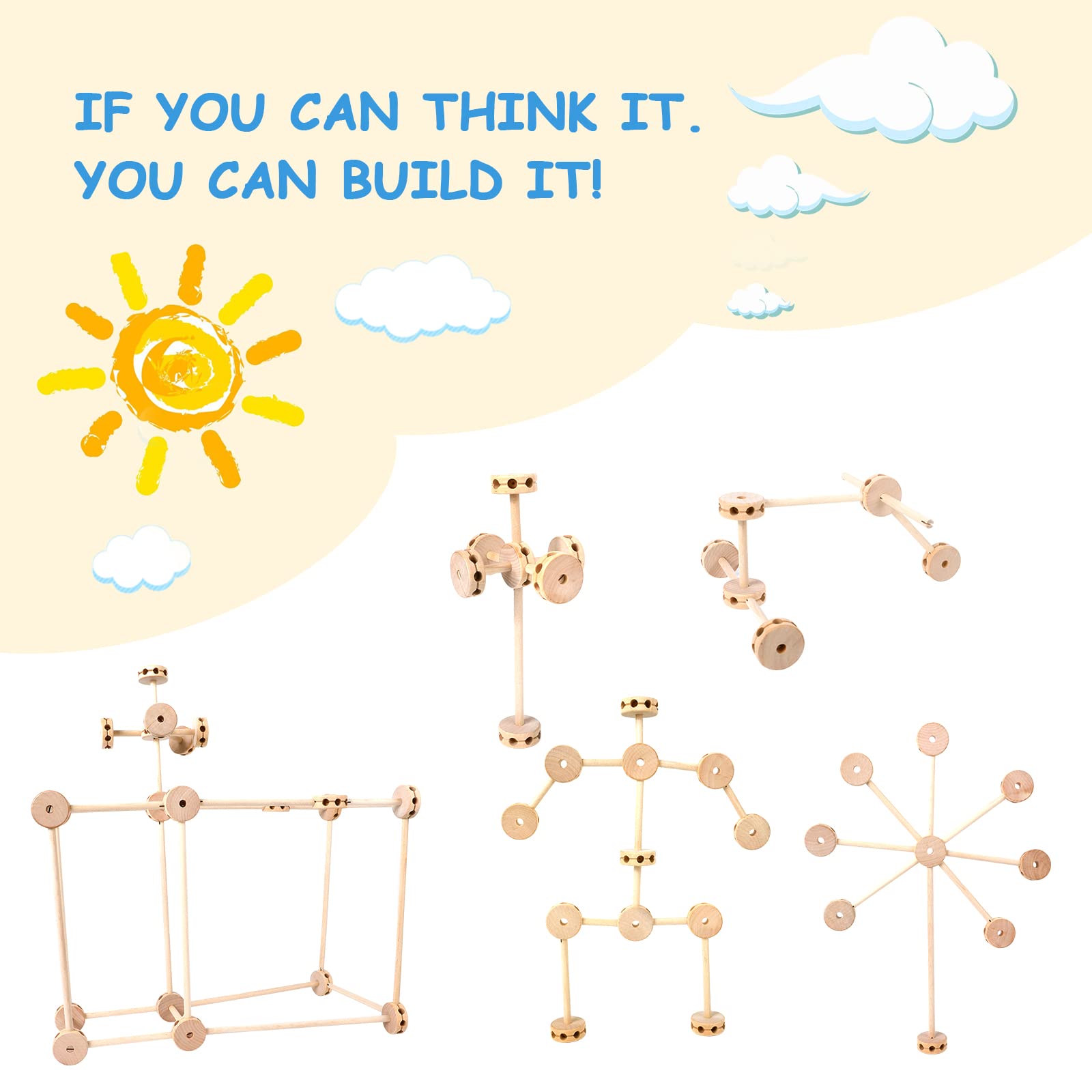 WODI Wooden Building Blocks,60 PCS Tiny Educational Natural Wood Stem Toys, DIY Wooden Blocks Splicing, Montessori Building Blocks Building Blocks for Kids Ages 4-8 to Create Various Shapes