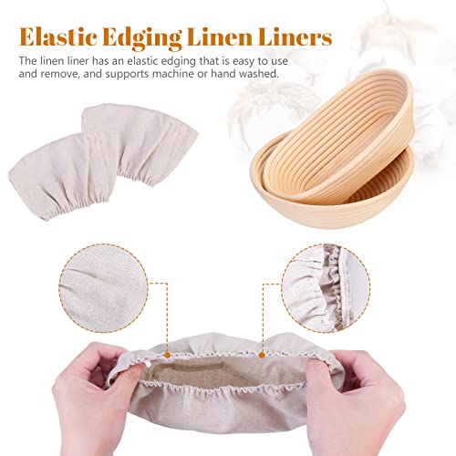Bread Proofing Basket, ELVASEN 9" Round & 9.8" Oval Bread Making Tools Set of 2 - Bread Making Kit Include Bread Proofing Baskets, Linen Cloth Liner, Scraper, Basting Brush