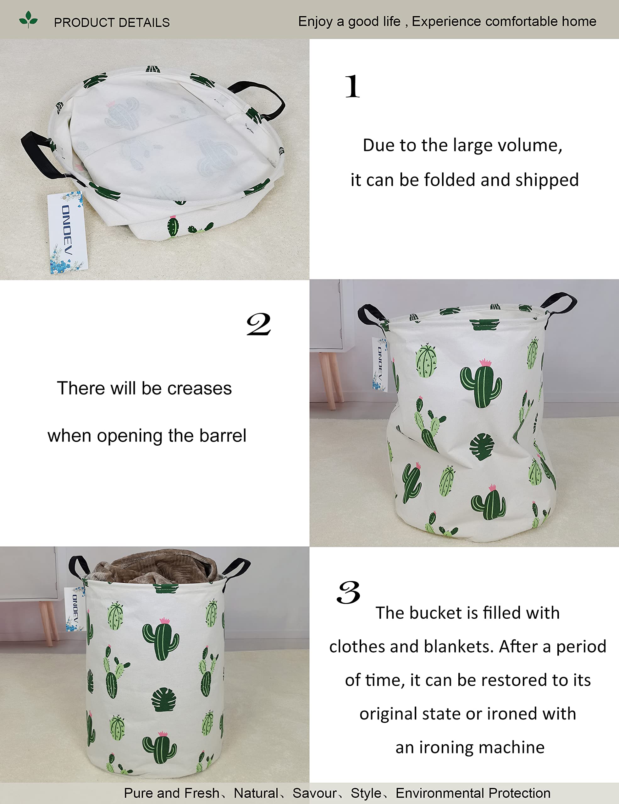 ONOEV Round Fabric Storage Bin,Decorative Basket,Organizer Basket with Handles,for Clothes Storage,books and sundries (Green Cactus), 19.7inch(H) x 15.7inch(D)