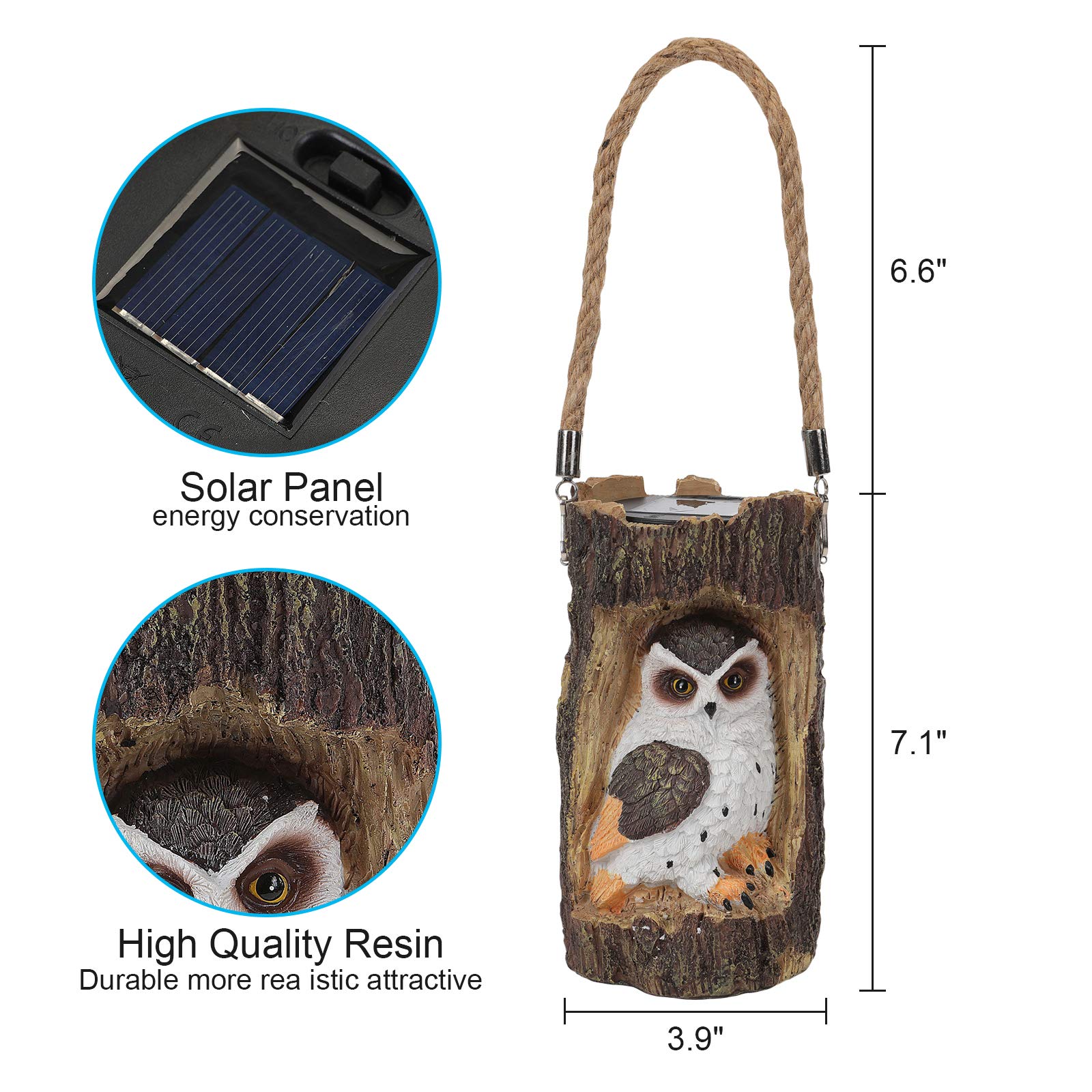 KZOBYD Solar Hanging Lanterns Outdoor Waterproof Owl Stump Lamp with Handle LED Owl Statue Light Lawn Figurine Solar Powered for Patio Courtyard Yard Garden Porch Tabletop Decor (Brown Wing)