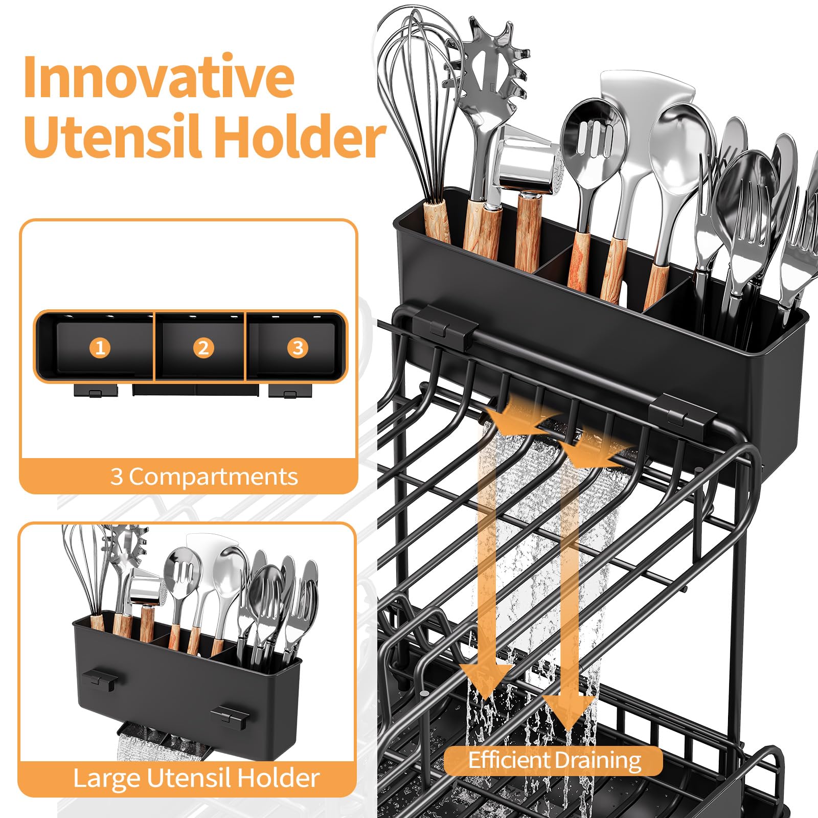 Urackify Dish Drying Rack, Expandable Dish Rack for Kitchen Counter, Large Collapsible Countertop Dish Drainer with Pan & Pot Holder, Stainless Steel Dish Strainer with Cup & Utensil Holder
