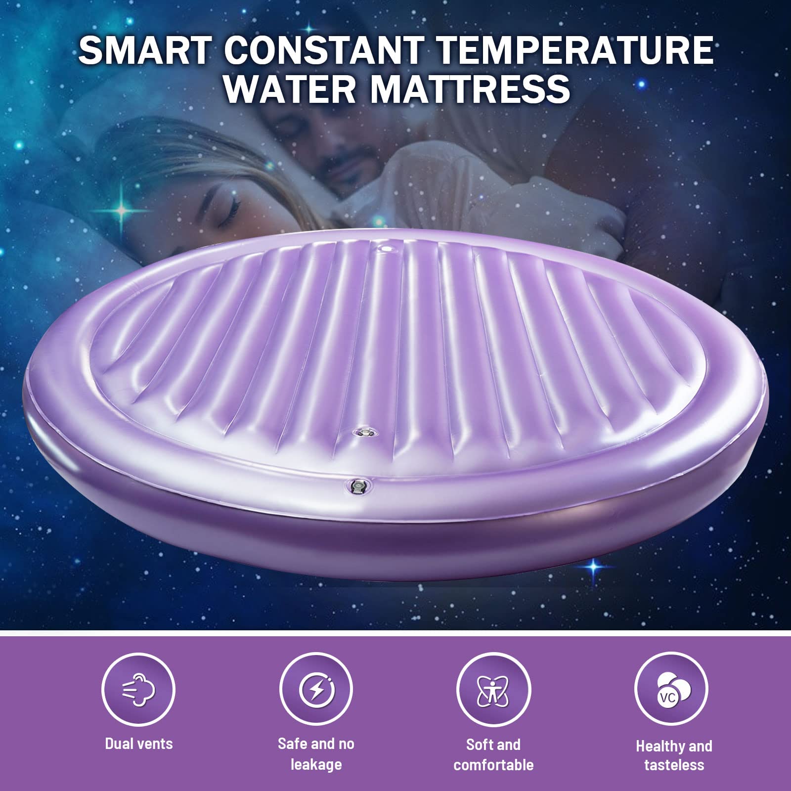 Round Water Bed Matresses - Purple Softside Waterbed Zero Pressure Water Bed Strong Bearing Suitable for The Elderly, Children, Adults (86.6inch, 50% Medium Wave)