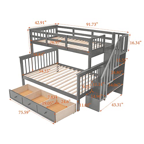 Harper & Bright Designs Twin Over Full Bunk Bed with Stairs, Solid Wood Stairway Bunk Bed Frame with Storage Drawers for Kids Teens Adults, Bedroom, Dorm (Gray)